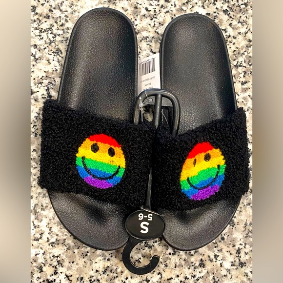 Shoes | Black Slides With Rainbow Smiley Face Sandals Pride | Poshmark